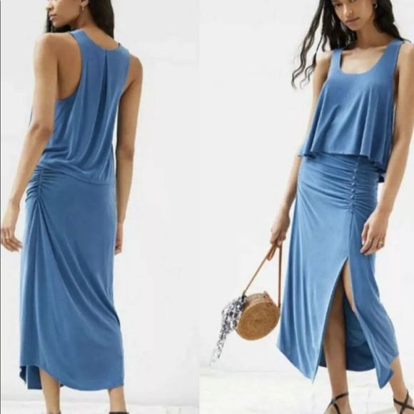 Anthropologie | Skirts | Anthropologie Swingyskirt Set In Blue Rouched Swingy Bottom Slit ...